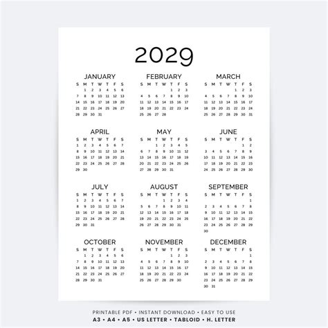 2029 Yearly Calendar Printable One Page Full Year At A Glance