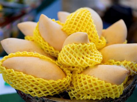 Stack Of Ripe Yellow Mangoes On In Plastic Packaging Fruit And