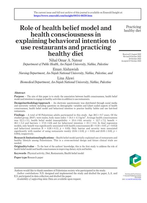 Pdf Role Of Health Belief Model And Health Consciousness In Explaining Behavioral Intention To