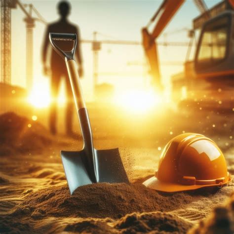 Shovel And Hardhat At A Groundbreaking Blurred Construction Background