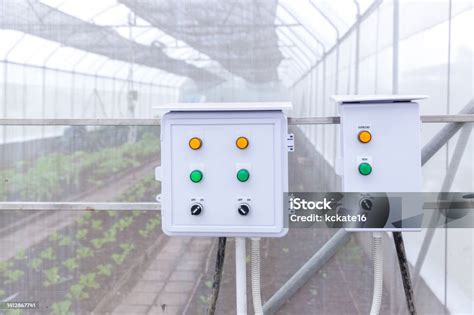 Control Box Water Timer In Organic Farm At Greenhouse Electric Pipe And