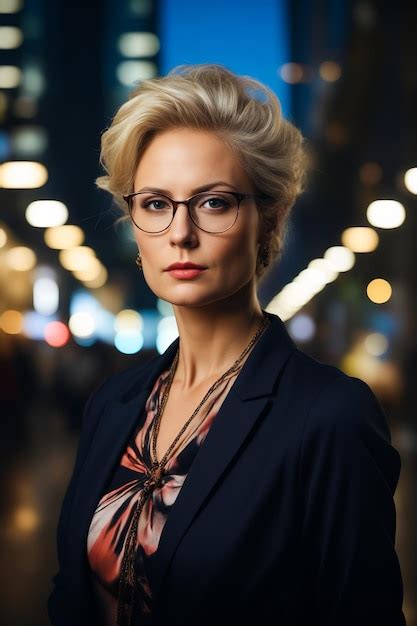 Woman Wearing Glasses And Suit In City At Night Generative Ai Premium