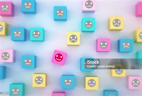 얼굴 감정의 행복과 슬픔의 추상 독특한 다른 생각 개인과 군중 개념에서 눈에 띄는 파란색 배경에 아이콘이있는 다채로운 큐브 상자 감정에 대한 스톡 사진 및 기타 이미지