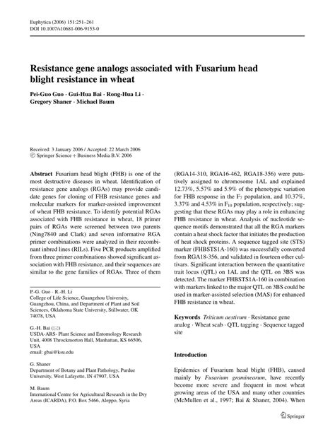Pdf Resistance Gene Analogs Associated With Fusarium Head Blight Resistance In Wheat