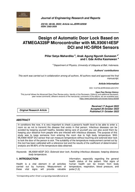 Pdf Design Of Automatic Door Lock Based On Atmega328p Microcontroller With Mlx90614esf Dci And