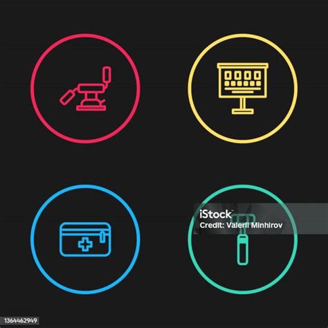 세트 라인 응급 처치 키트 신경학 반사 망치 눈 테스트 차트 및 의료 치과 의자 아이콘 벡터 건강 진단에 대한 스톡 벡터 아트 및 기타 이미지 Istock