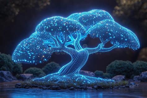 A Blue Tree Is Lit Up In The Dark Artificial Glowing Object Software Visualization Stock Image