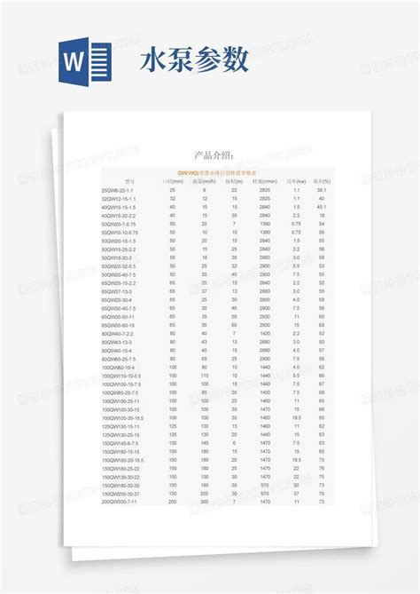 水泵参数word模板下载编号lzgzpyrn熊猫办公