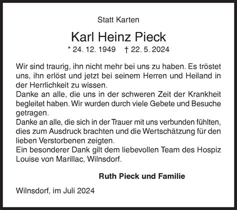 Traueranzeigen Von Karl Heinz Pieck 57trauer De