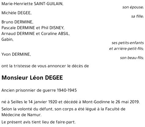 Avis De Décès De Léon Degee Décédé Le 26052019 à Annonce Condoléances Fleurs Etc L