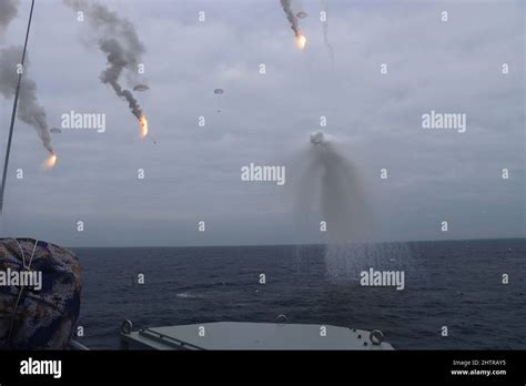 Directly Hit The Wonderful Moment Of Naval Combat Training At Sea Stock