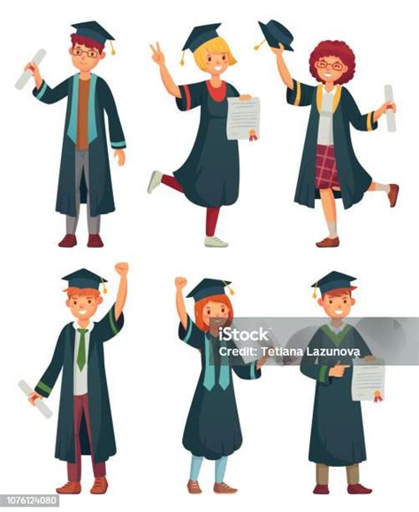 졸업생 학생입니다 대학 학생 졸업 가운 남자와 여자 캐릭터 만화 벡터 세트 졸업 교육된 대학 개념에 대한 스톡 벡터 아트 및 기타 이미지 Istock