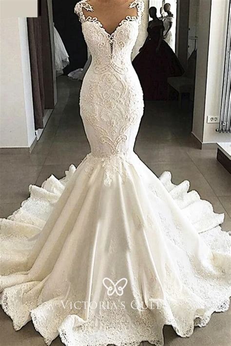 Fmogl Sexy Illusion Cap Sleeve Lace Mermaid Wedding Dress 2022 Luxury