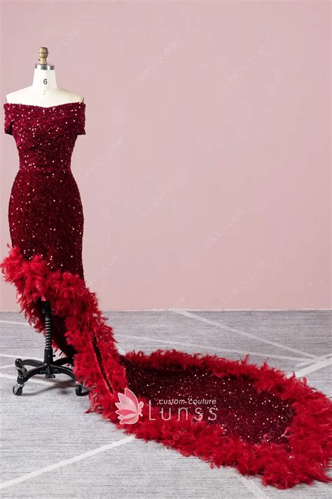 Unique Feather Long Train Dark Red Sequin Prom Dress Lunss
