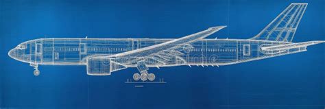 Blueprint Design Of A Commercial Airplane Showcasing Detailed Technical Specifications And