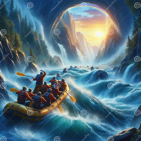 Whitewater Rafting A Scene Where Rafters Conquer Raging River Stock