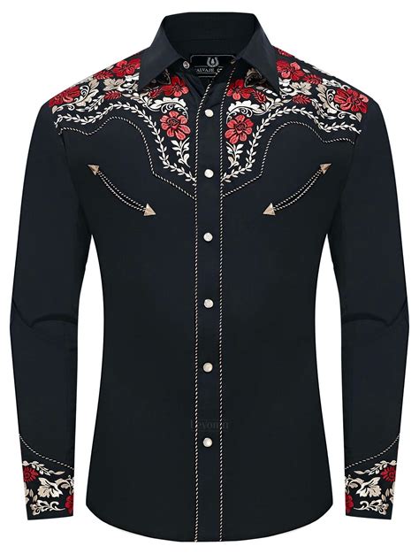 Black And White Rose Embroidered Pearl Snap Shirt Leyoma