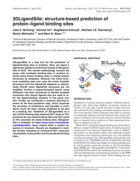 pdf 3dligandsite structure based prediction of protein ligand