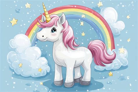 Cute Unicorn Standing Near Rainbow In Magical World Stock Illustration