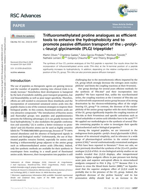 Pdf Trifluoromethylated Proline Analogues As Efficient Tools To