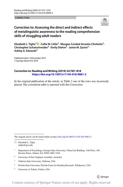 Correction To Assessing The Direct And Indirect Effects Of Metalinguistic Awareness To The