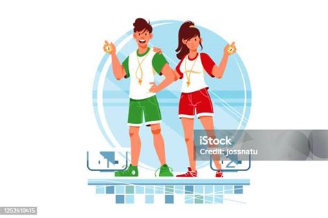 스톱워치를 곁들인 행복한 두 여성과 남자 코치 수영 선수 교사 교육 관련 직업에 대한 스톡 벡터 아트 및 기타 이미지 교사 교육 관련 직업 운동 수영 동작 활동