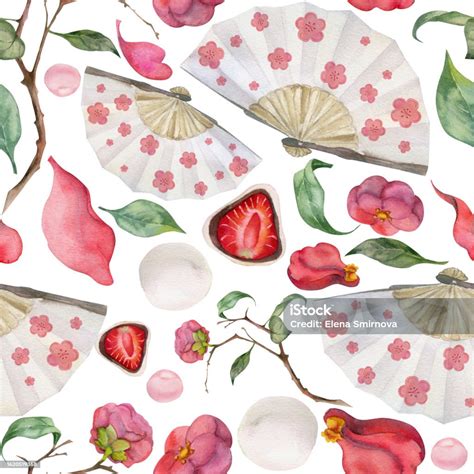손으로 그린 전통적인 일본 과자가 있는 수채화 이음매 없는 패턴 와가시 떡 동백 꽃 흰색 배경에 격리되어 있습니다 초대장 레스토랑 메뉴 인사말 카드 인쇄 섬유 0명에 대한