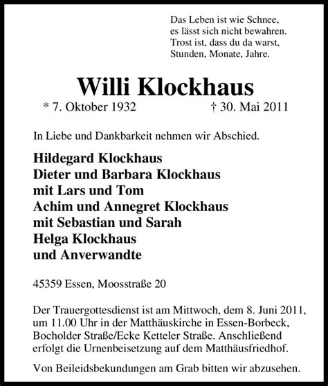Traueranzeigen Von Willi Klockhaus Trauer In NRW De