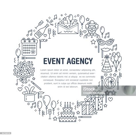 이벤트 대행사 생일 파티 배너 벡터 라인 아이콘 음식 생일 케이크 풍선 장식 꽃 배달 초대 카드의 광대 파티 조직 서비스의 얇은 선형 표시 결혼식에 대한 스톡 벡터 아트 및