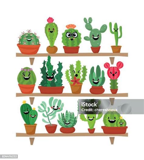 귀여운 만화 선인장과 Succulents 재미 있은 얼굴의 큰 집합입니다 귀여운 스티커 또는 헝겊 조각 또는 핀 컬렉션입니다