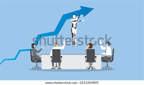 Robot Hangs Rise Blue Arrow Teamwork Stock Vector Royalty Free