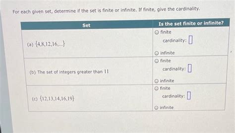 Solved For Each Given Set Determine If The Set Is Finite Or Chegg