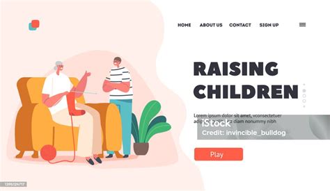 자녀 양육 방문 페이지 템플릿 할머니는 양말을 짜고 손자와 이야기하십시오 소년은 할머니와 시간을 보낸다 가족에 대한 스톡 벡터 아트 및 기타 이미지 Istock