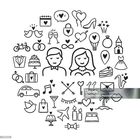 웨딩 아이콘 손으로 그려진된 개요 세트 귀여운 기호 및 그림 신부로 결혼식 신랑 여행 허니문 및 기타 사랑 아이콘 교회에 대한 스톡 벡터 아트 및 기타 이미지 Istock