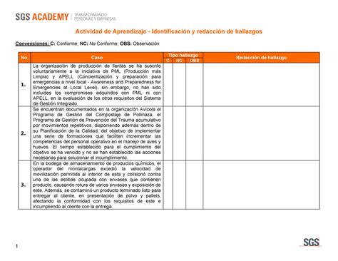 Actividad de Aprendizaje Identificación y redacción de hallazgos Actividad de Aprendizaje