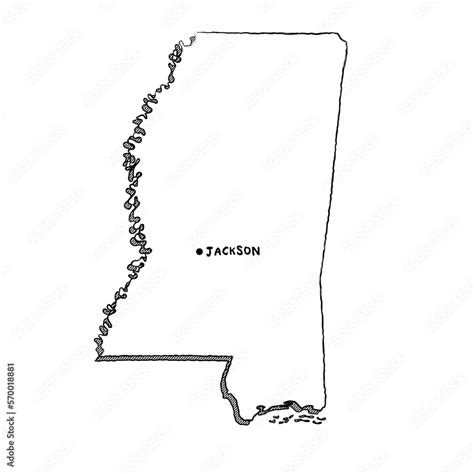 Vector Hand Drawn Map Of Mississippi Ms With Main Cities Us States