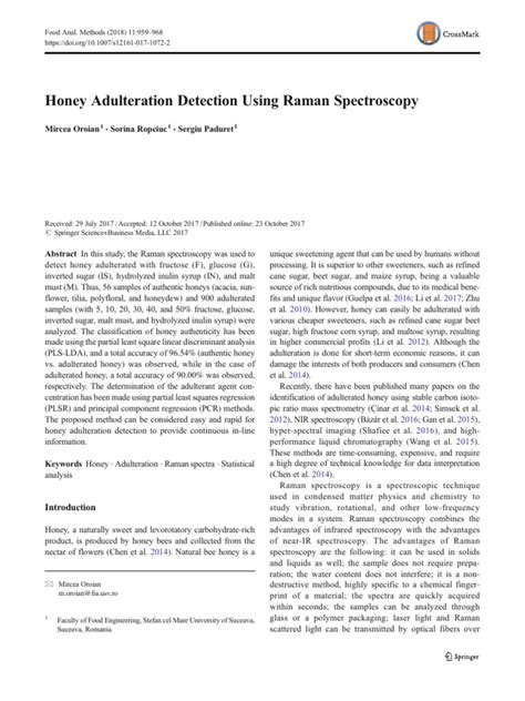 Honey Adulteration Detection Using Raman Spectroscopy Mircea Oroian Sorina Ropciuc Sergiu