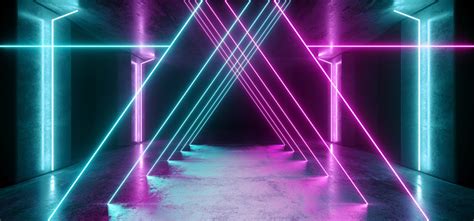 네온 불빛 그래픽 빛나는 보라색 블루 활기찬 가상 공상 과학 Fi 미래 터널 스튜디오 무대 건설 차고 연단 우주선 밤 어두운 콘크리트 그런 지 3d 렌더링 0명에 대한 스톡