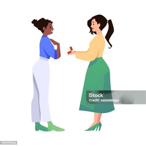 여자친구에게 청혼하는 아름다운 여자 벡터 일러스트레이션 Lgbtqia 문화에 대한 스톡 벡터 아트 및 기타 이미지