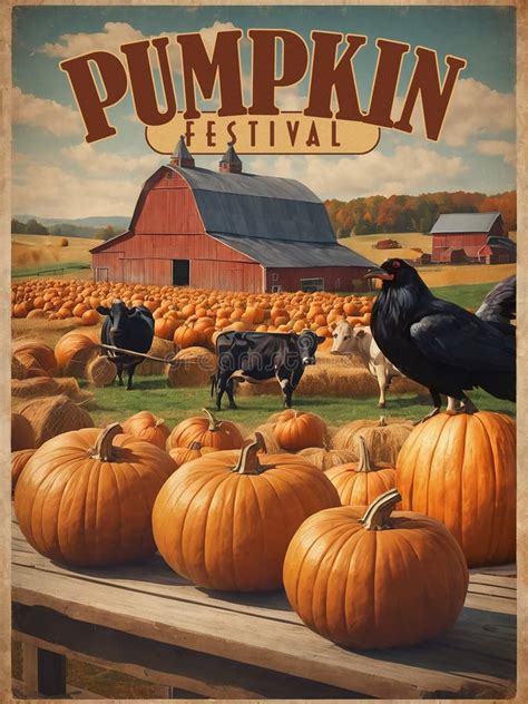 Vintage Pumpkin Festival Poster Art Retro On Farm Stock Illustration