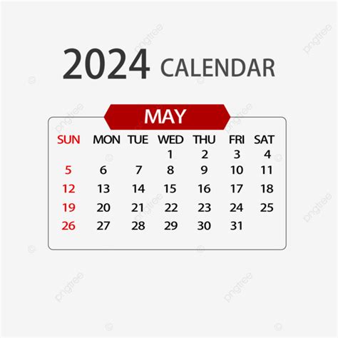 รูปพฤษภาคม 2567 ปฏิทินเรียบง่ายสีแดง Png ปฏิทิน เดือน 2024ภาพ Png และ เวกเตอร์ สำหรับการ