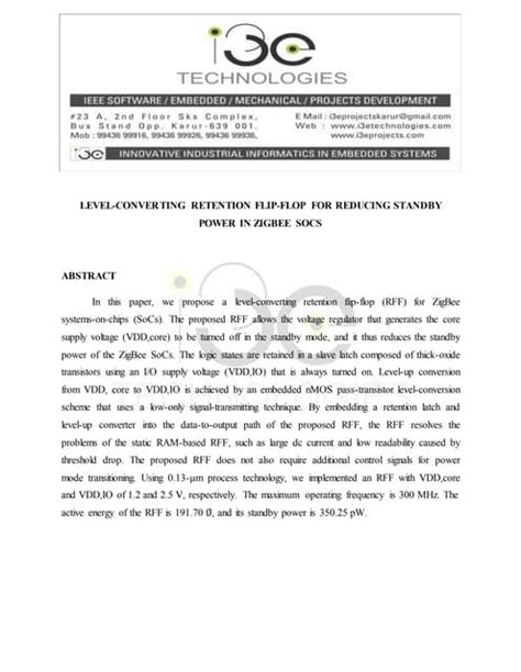Level Converting Retention Flip Flop For Reducing Standby Power In Zig Bee Socs Docx