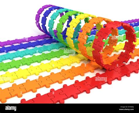 Colorful Puzzle Ring Rotating Over Puzzle Chain Isolated On White