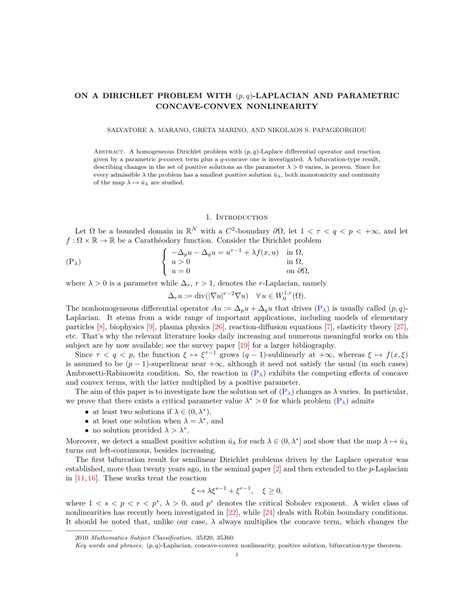Pdf On A Dirichlet Problem With P Q Laplacian And Parametric Concave Convex Nonlinearity