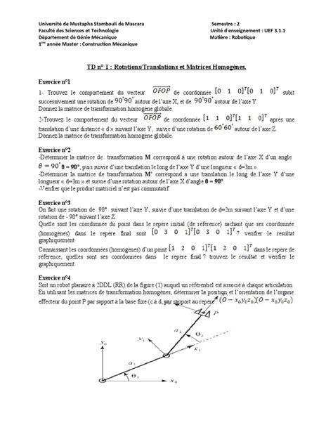 Td N 1 Robotique Pdf Rotation Matrice Mathématiques