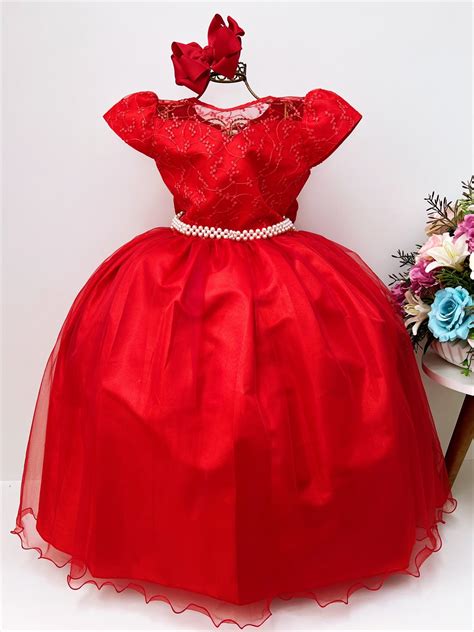 Vestido Infantil Damas Honra Vermelho Casamento Pérola Renda Rosa