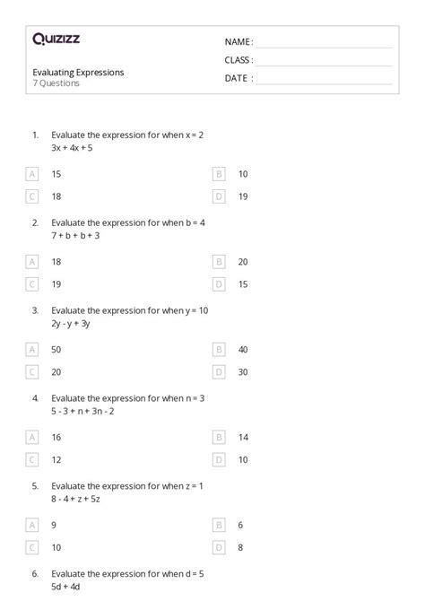 50 Evaluating Expressions Worksheets For Kindergarten On Quizizz Free And Printable