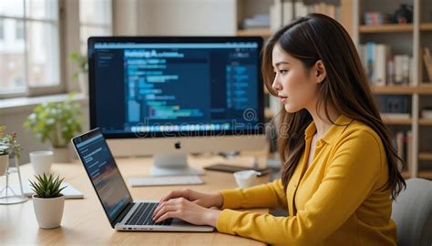 Focused Woman Coding Laptop Desktop Modern Workspace Stock Illustration Illustration Of