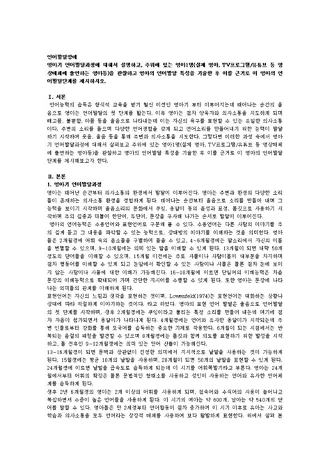 영아기 언어발달과정에 대해서 설명하고 주위에 있는 영아1명실제 영아 Tv프로그램유튜브 등 영상매체에 출연하는 영아등을 관찰하고 영아의 언어발달 특성을 기술한 후 이를 근