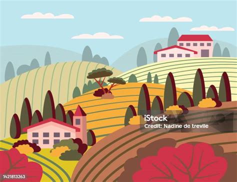 귀여운 이탈리아 가을 풍경 플랫 스타일의 아늑한 소박한 풍경의 벡터 일러스트레이션 토스카나의 포도원 빈티지 스타일 와인 라벨 포스터 엽서 디자인 및 장식 와인에 대한 스톡